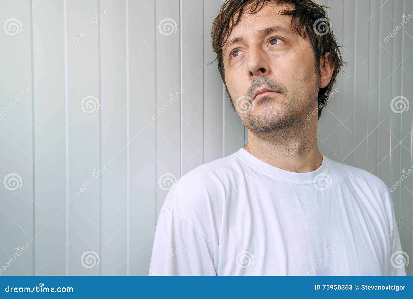 Concentrated Pensive Man Looking Up and Thinking Stock Image - Image of ...
