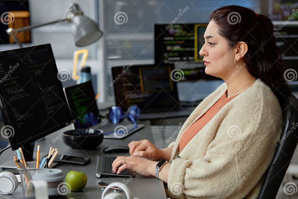 Concentrated Plus Size Female Programmer Typing Source Codes Stock ...