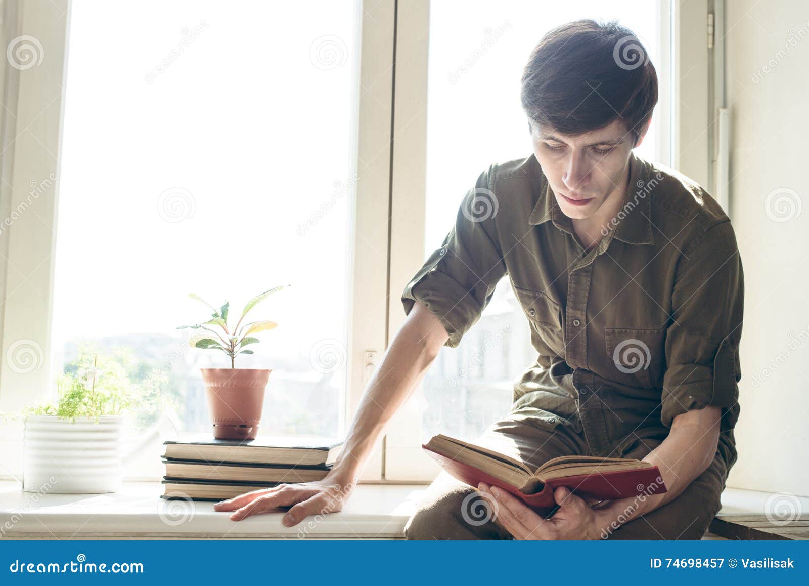 Concentrated Serious Young Man Read Book Stock Image - Image of people ...