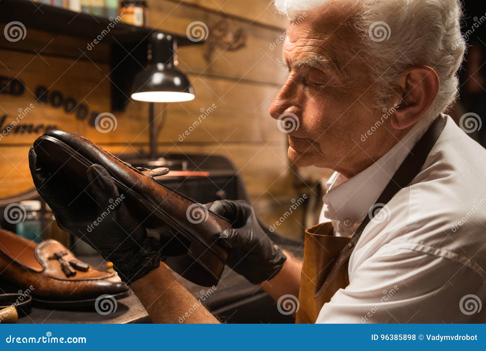 Concentrated Shoemaker in Workshop Making Shoes Stock Photo - Image of ...