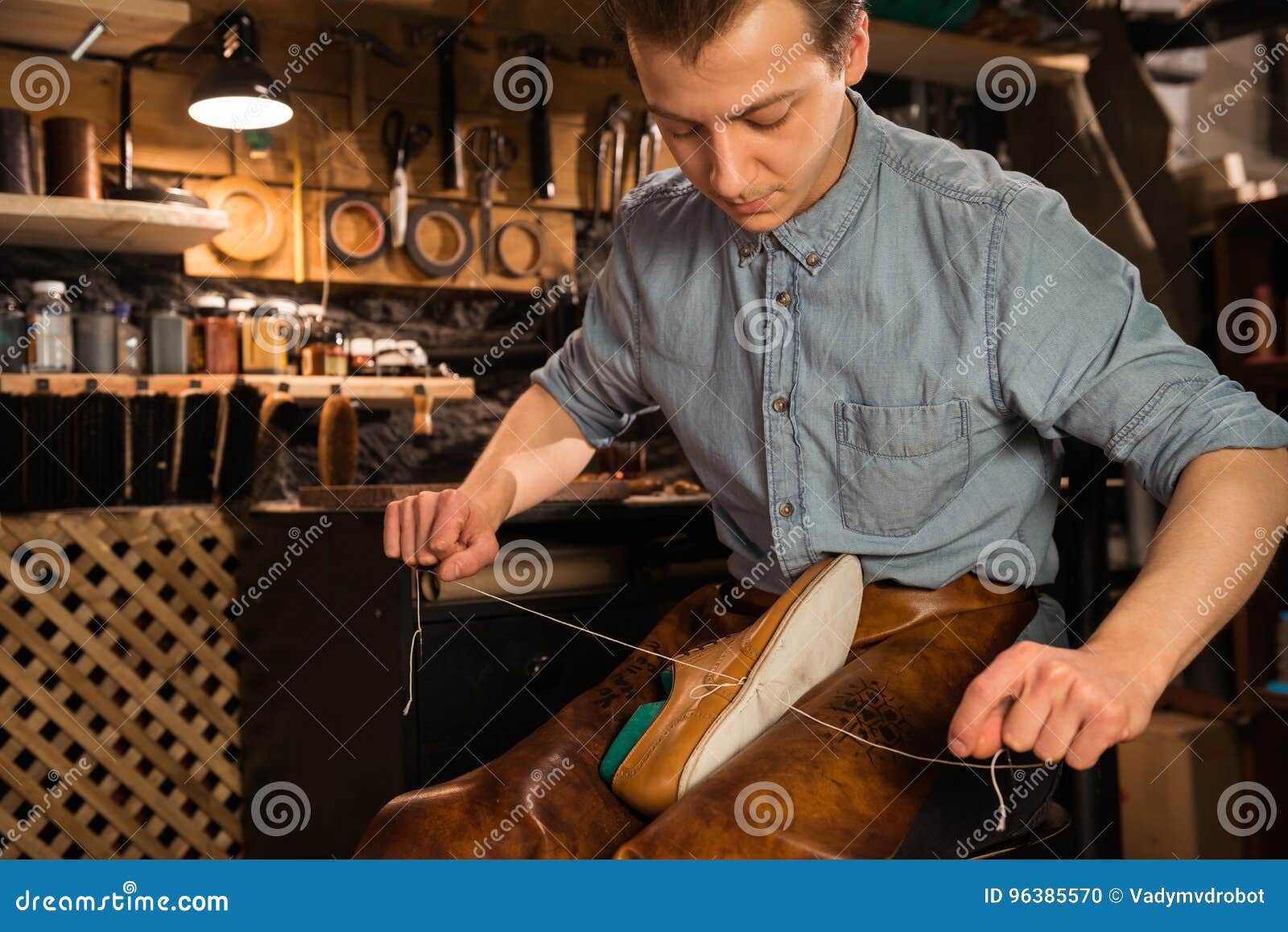 Concentrated Shoemaker in Workshop Making Shoes Stock Photo - Image of ...