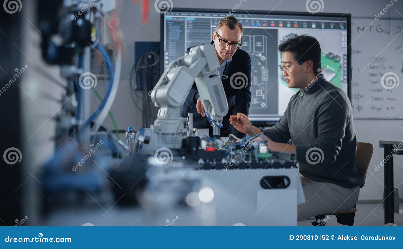 Concentrated Teacher Helping Asian Engineer Student Working with ...