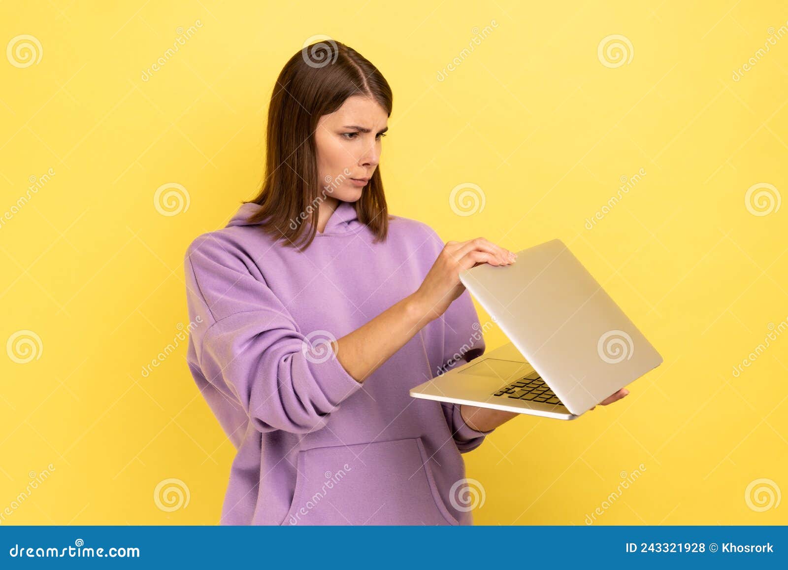 Concentrated Woman Looking In Half Opened Notebook Spying Wants To