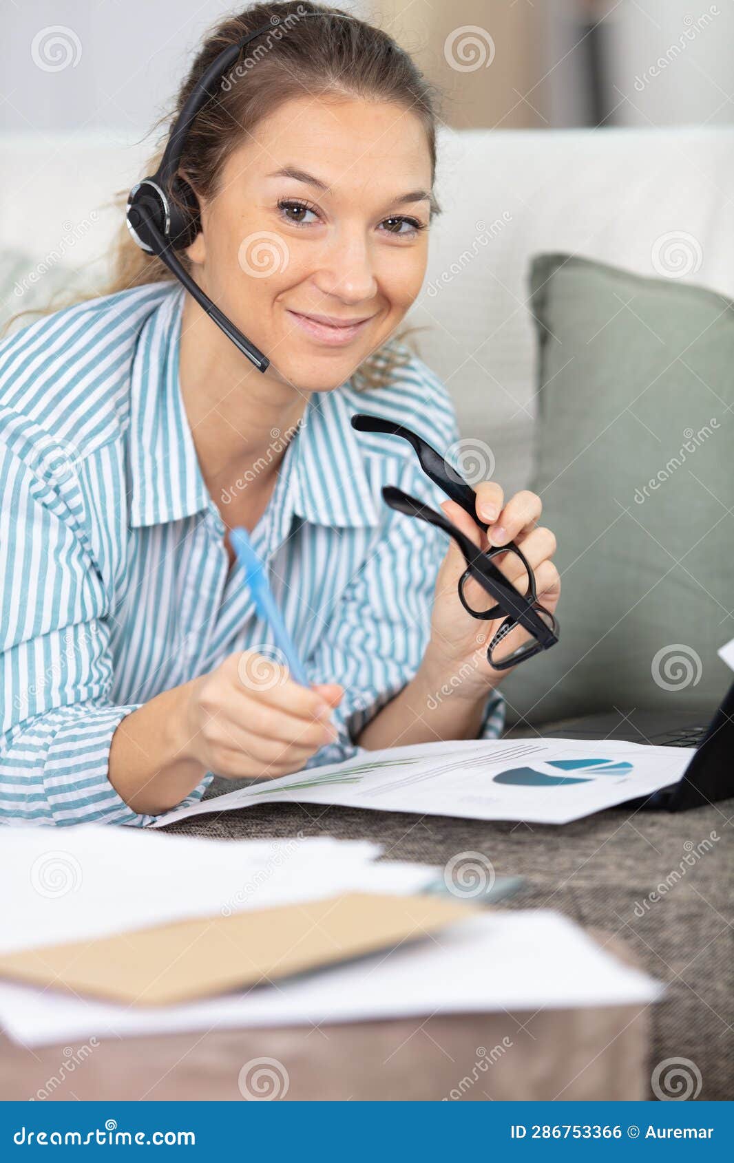 Concentrated Woman Wearing Headset with Microphone Stock Photo - Image ...