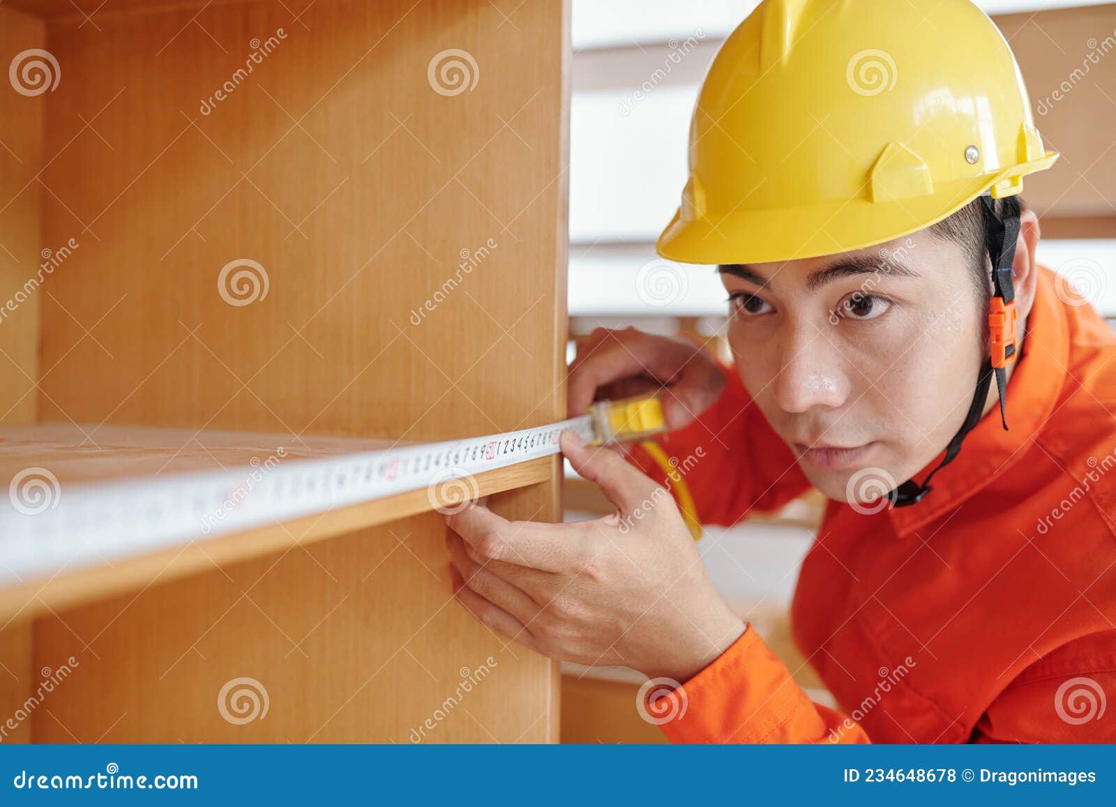 Concentrated Workman Measuring Shelves Stock Photo - Image of carpenter ...