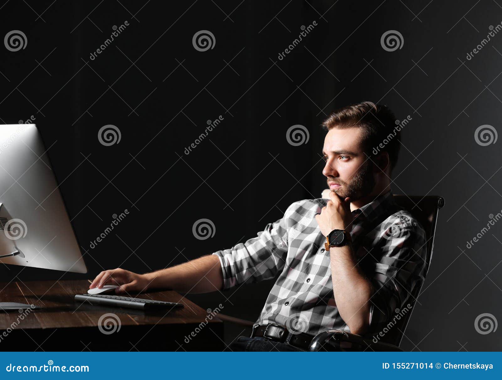 Concentrated Young Man Working in Office Alone Stock Photo - Image of ...