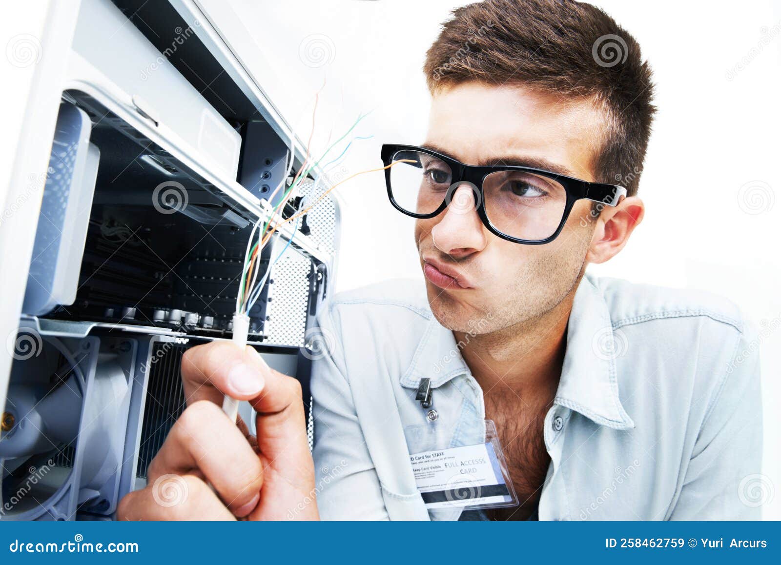 Concentrating on Fixing the Problem. a Technician Working with Wires on ...