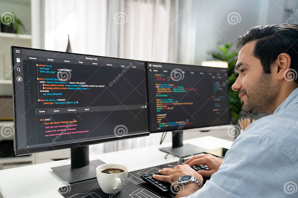 Concentrating in Smart it Developer Working Coding on Two Pc Screen ...