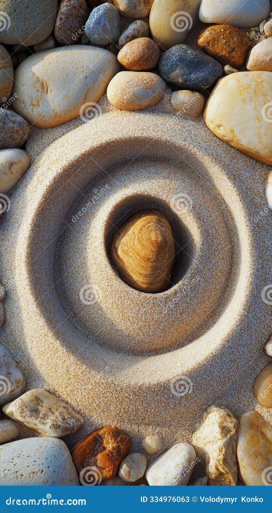 Concentric Circles of Sand with Smooth Pebbles, Nature Art Concept ...