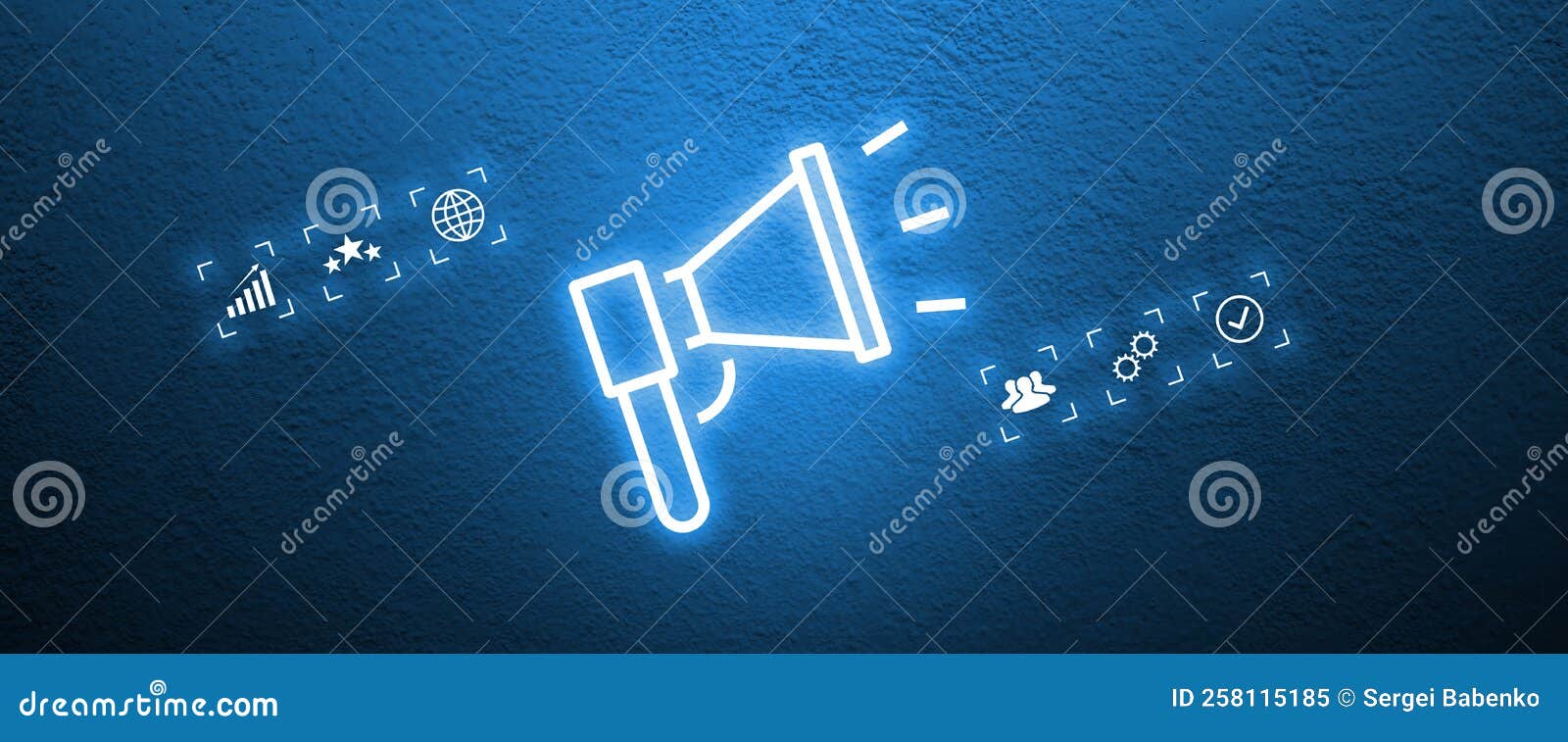 The Concept of Advertising Services. Icons on a Blue Background. Neon ...