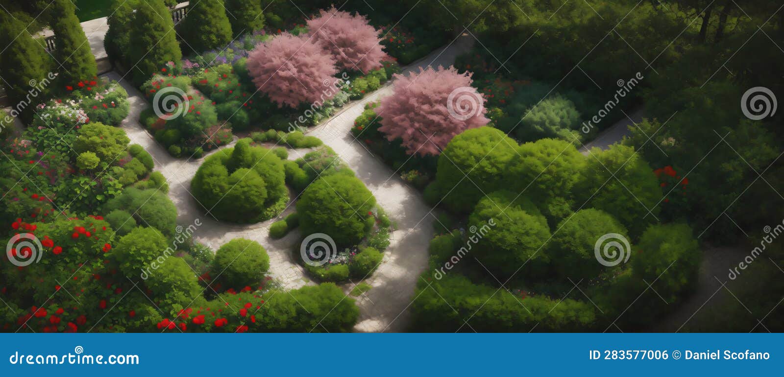 An Aerial View of a Garden with Trees and Flowers. Generative AI Stock ...