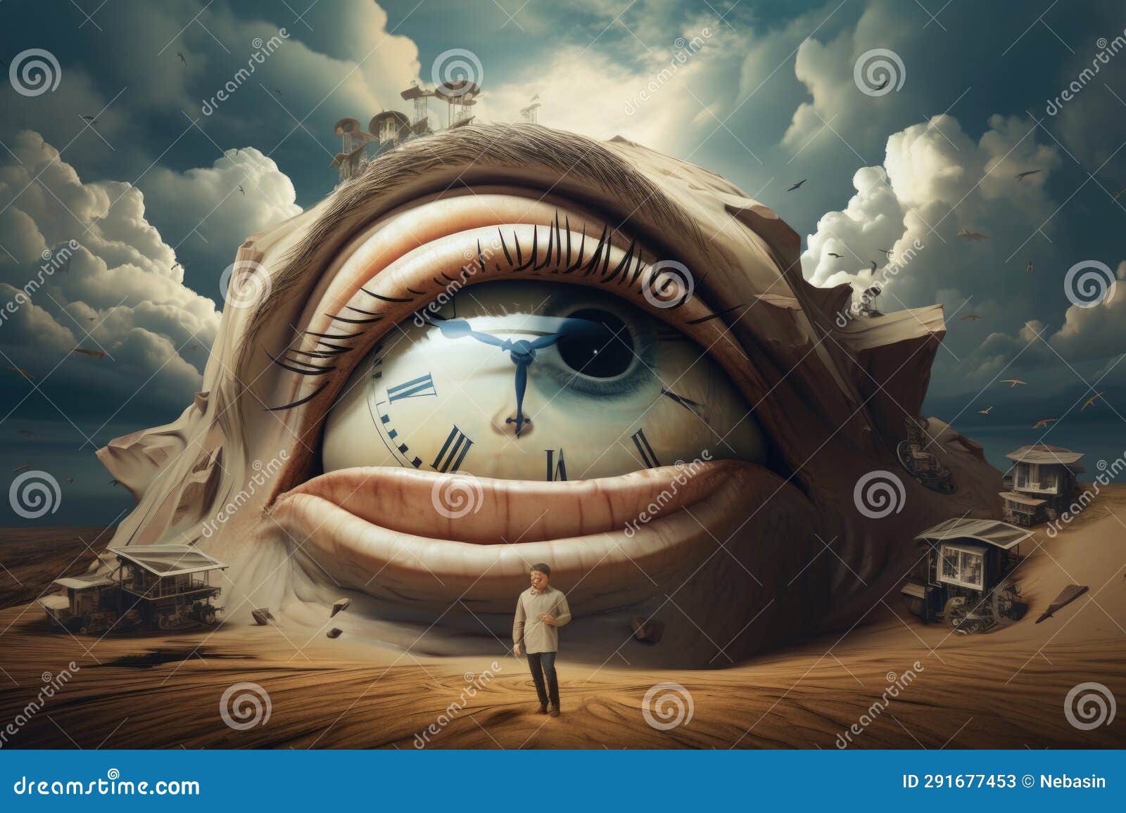 The Concept of All-seeing Time. Big Eye in the Desert with a Man and ...