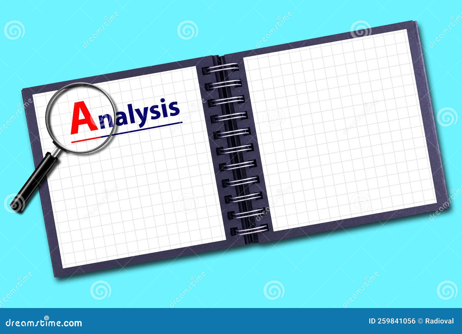 Concept of Analysis. Notepad and Magnifying Glass. Isolated on a Blue ...