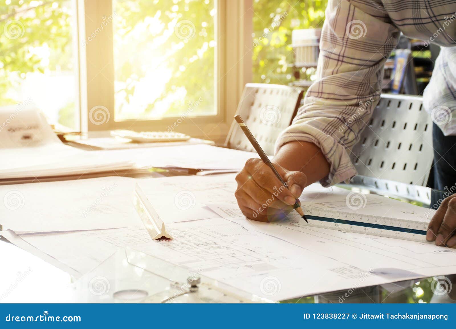 Architect Hold Pencil, Scale, Triangular Ruler Drawing Living H Stock ...