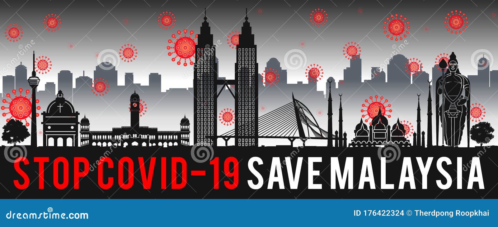 Concept Art with Coronavirus Fly Over Landmarks of Malaysia Stock ...