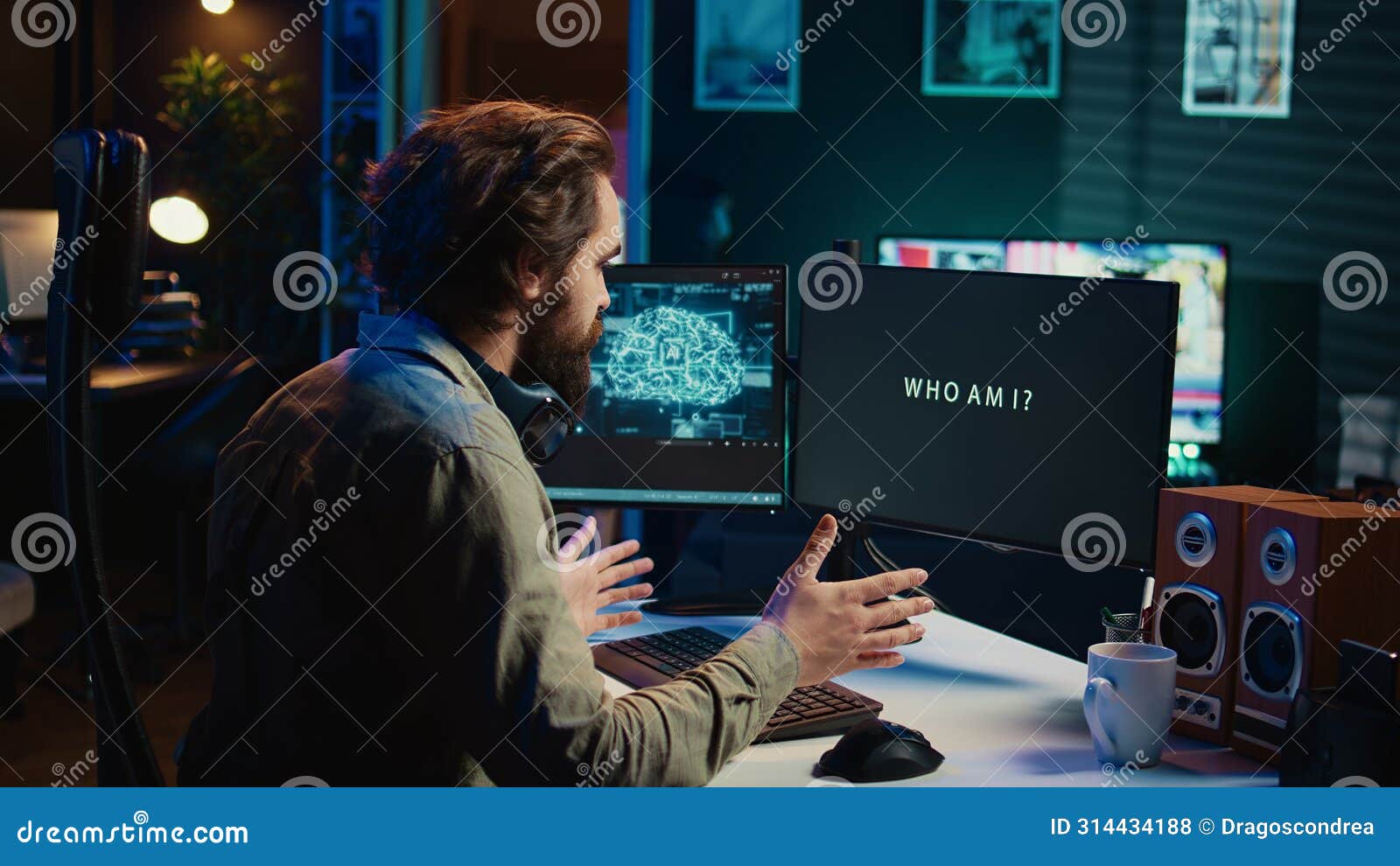 Concept of Artificial Intelligence Becoming Self Aware, Greeting Man ...