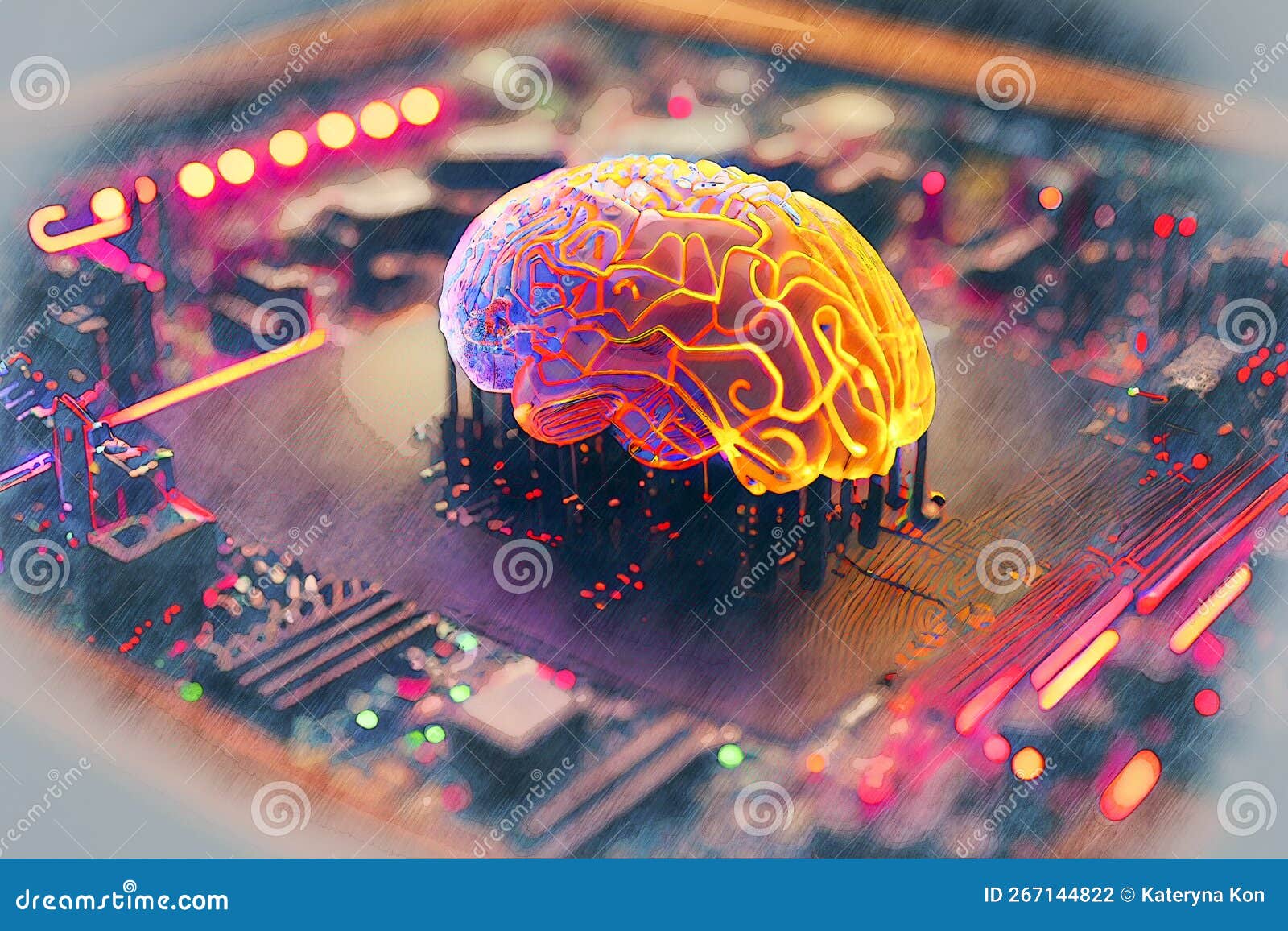 Concept of Artificial Intelligence. Human Brain Connected To Electronic ...