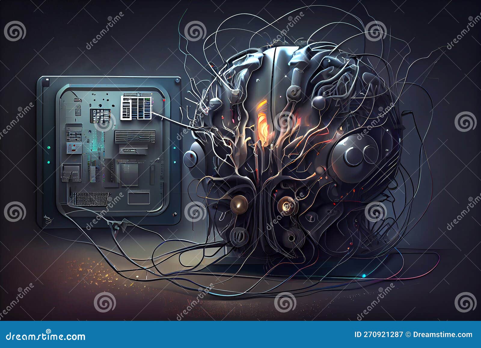 Concept of Artificial Intelligence. Human Brain Connected To Electronic ...