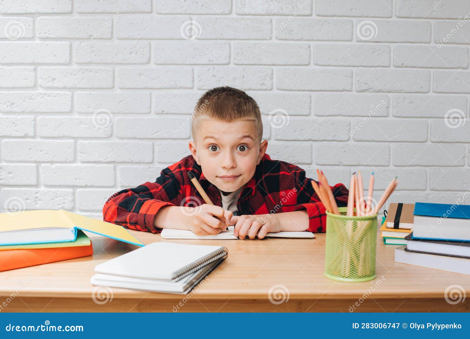 Concept Back To the School. a Boy in the Process of Studying Sits at a ...