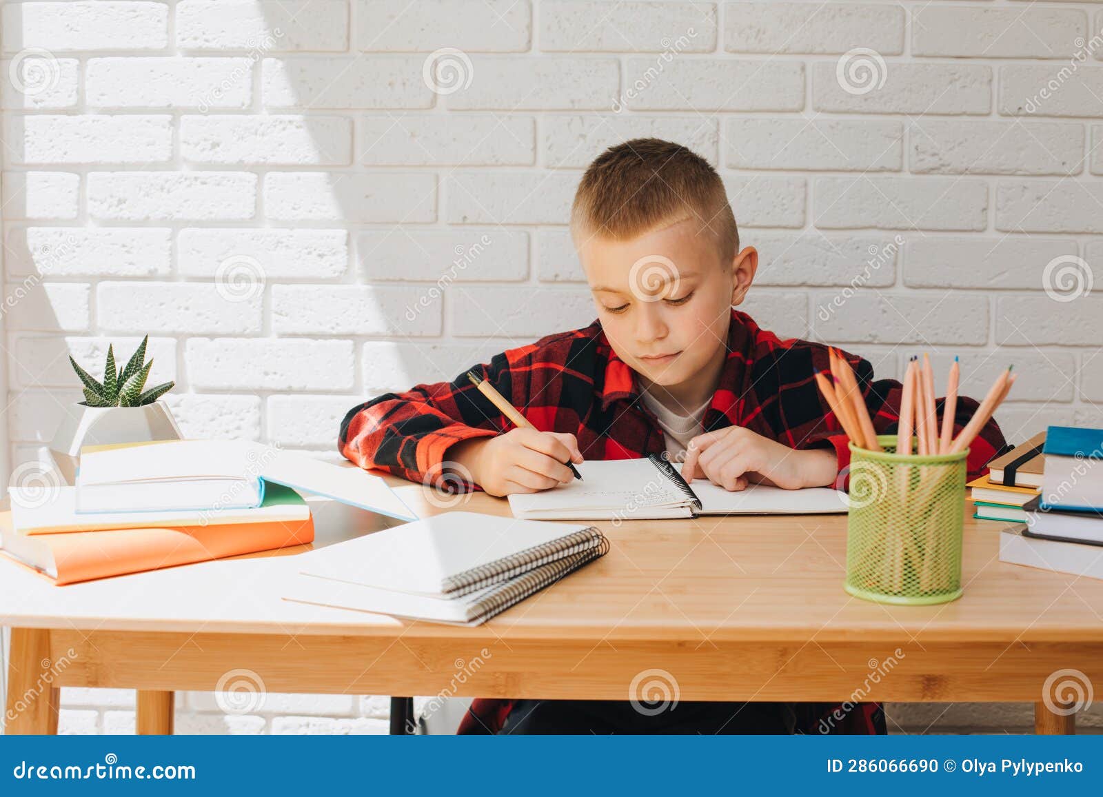 Concept Back To the School. a Boy in the Process of Studying Sits at a ...