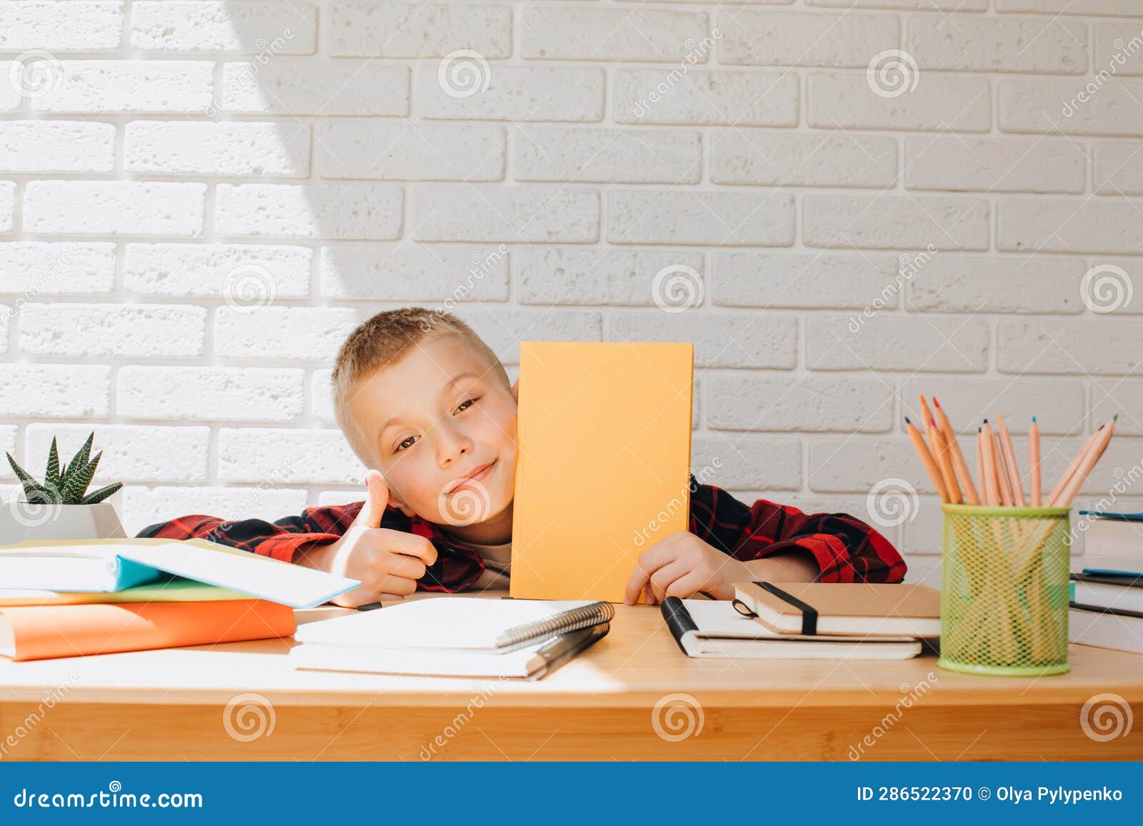 Concept Back To the School. a Boy in the Process of Studying Sits at a ...