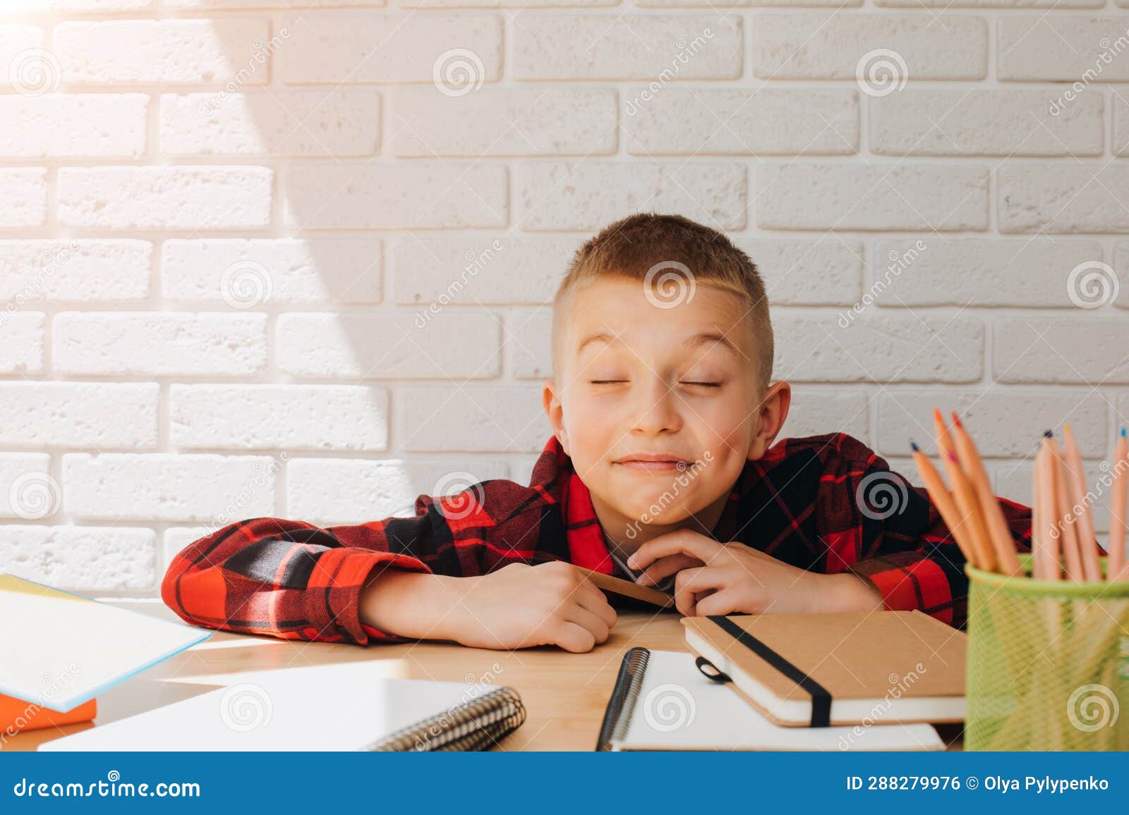 Concept Back To the School. a Boy in the Process of Studying Sits at a ...