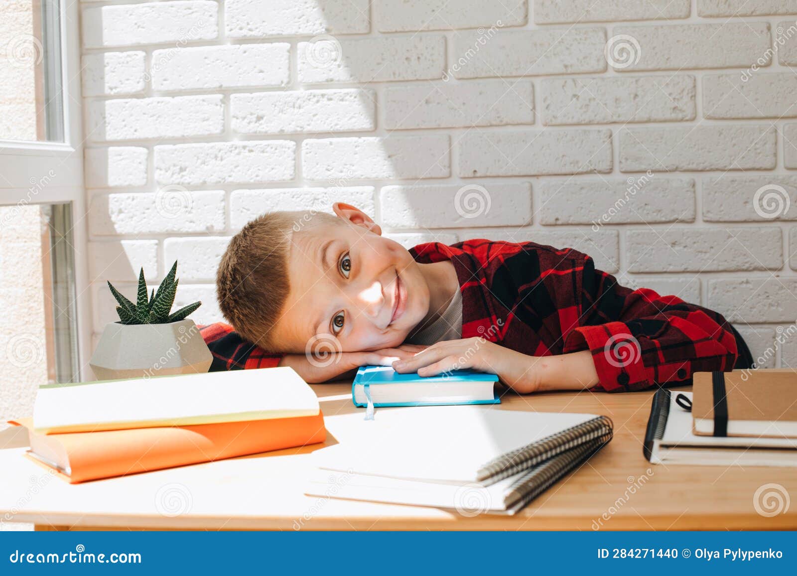 Concept Back To the School. a Boy in the Process of Studying Sits at a ...