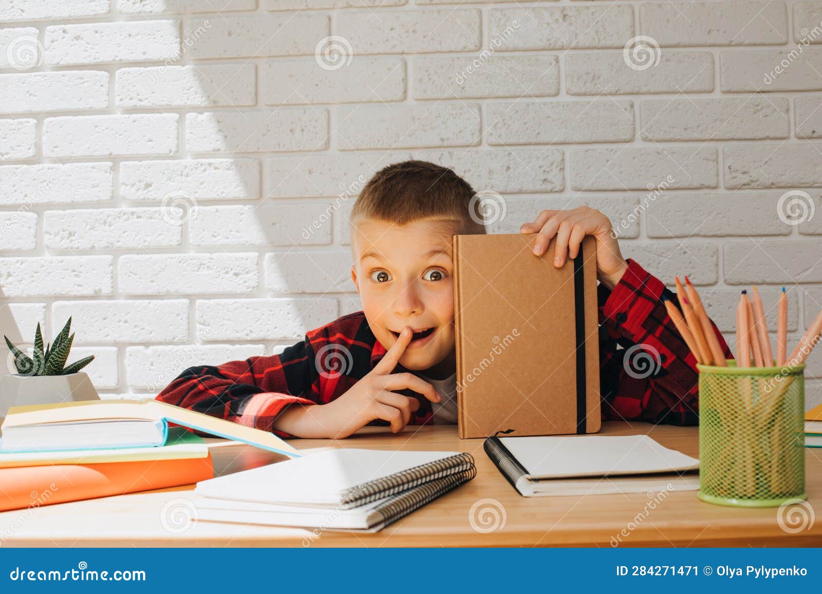 Concept Back To the School. a Boy in the Process of Studying Sits at a ...