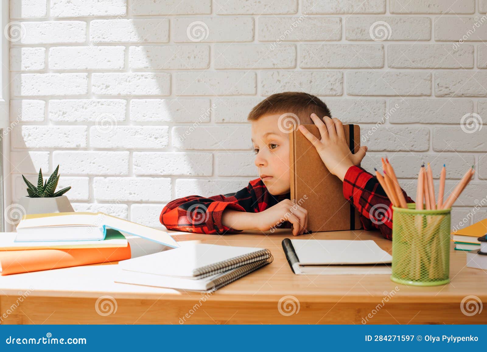 Concept Back To the School. a Boy in the Process of Studying Sits at a ...