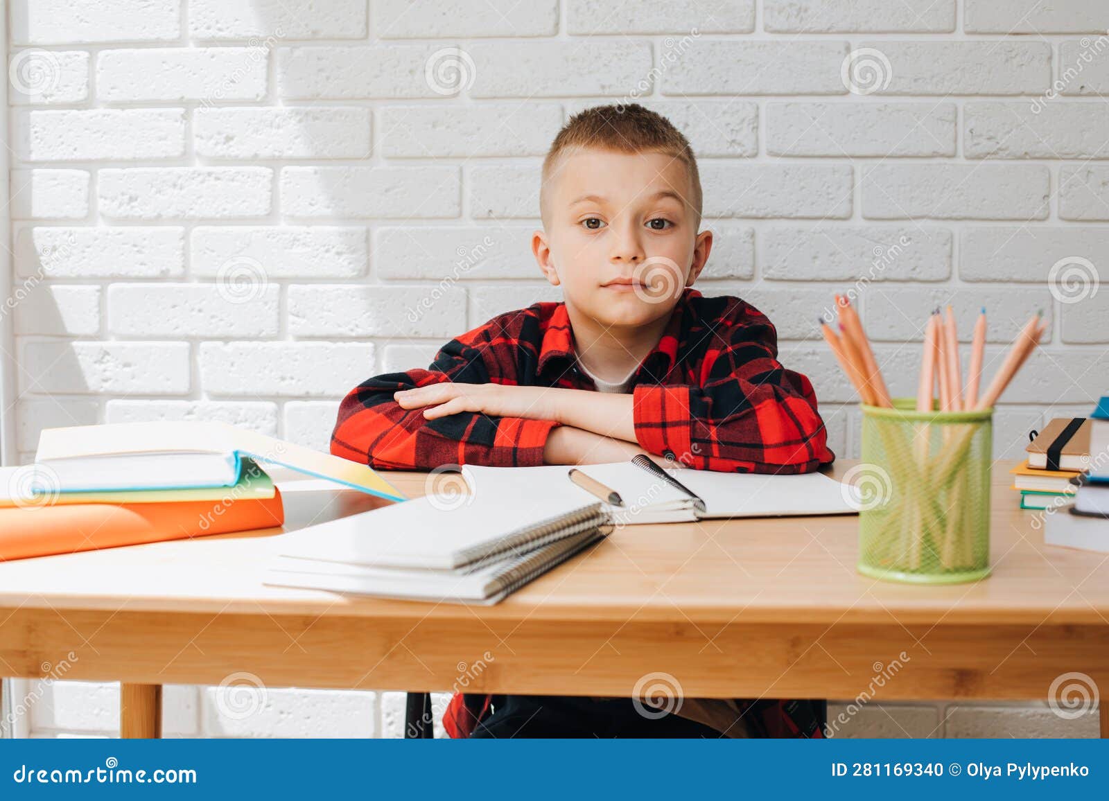 Concept Back To the School. a Boy in the Process of Studying Sits at a ...