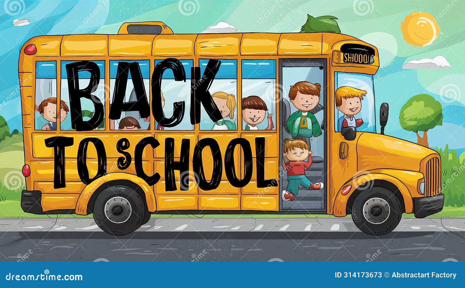 Concept for Back To School. School Bus with Kids Stock Illustration ...