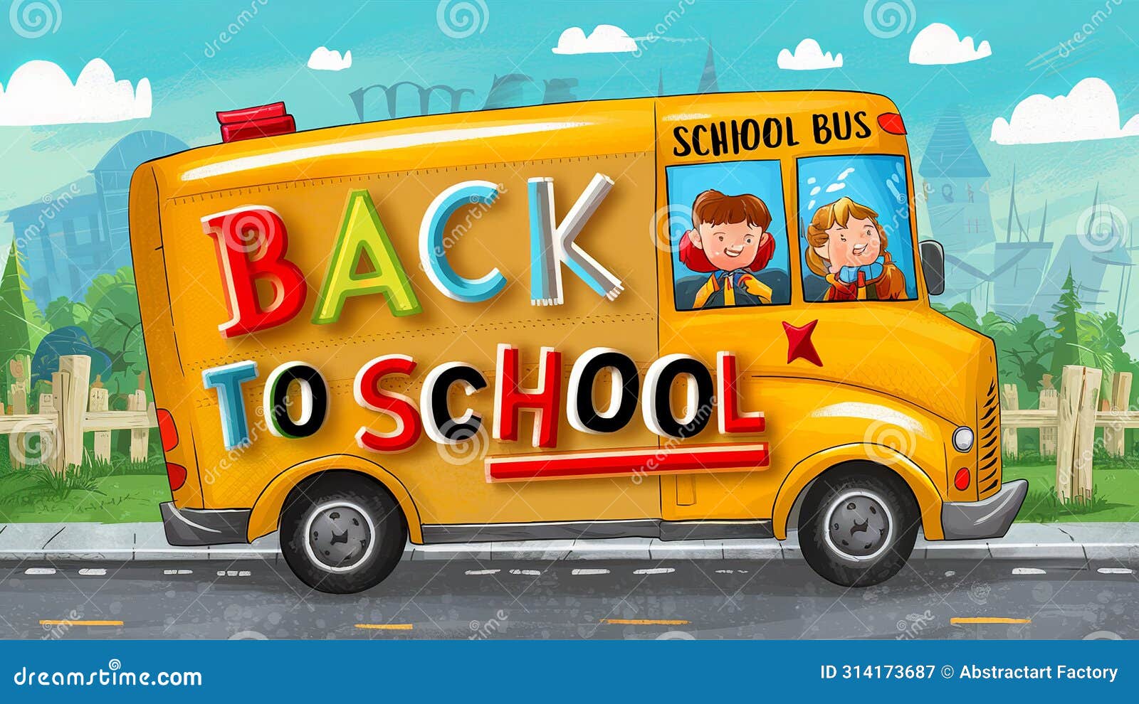 Concept for Back To School. School Bus with Kids Stock Illustration ...