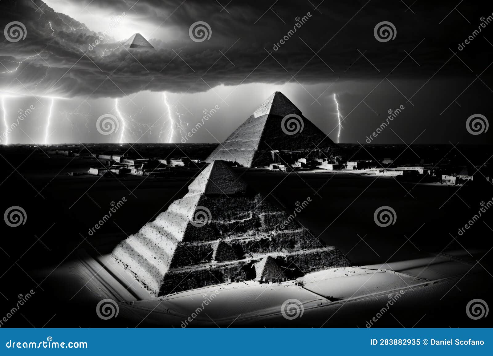 A Black and White Photo of Lightning Striking Over a Pyramid ...