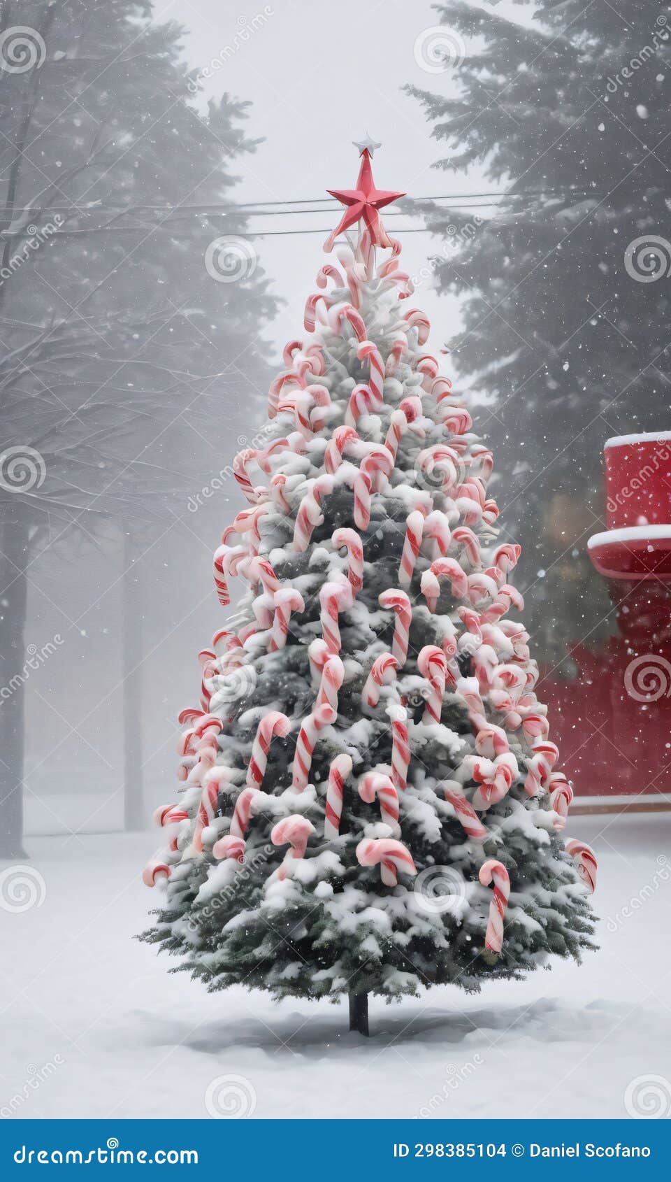 A Blizzard with a Christmas Tree Decorated with Candy Cane. Generative ...