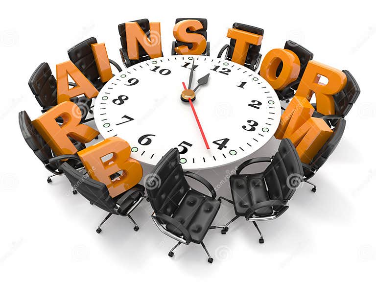 Concept of Brainstorm. Circle Table As Clock and Armchairs Stock ...