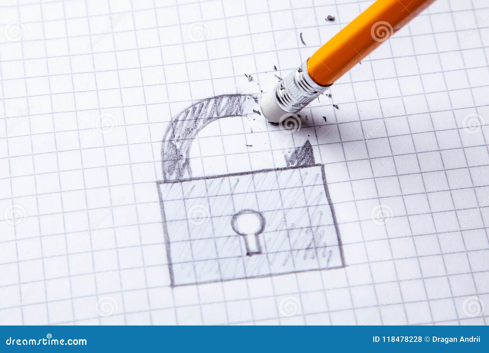 Concept of Broken Lock. on the Sheet of Paper Lock is Drawn and Erased ...