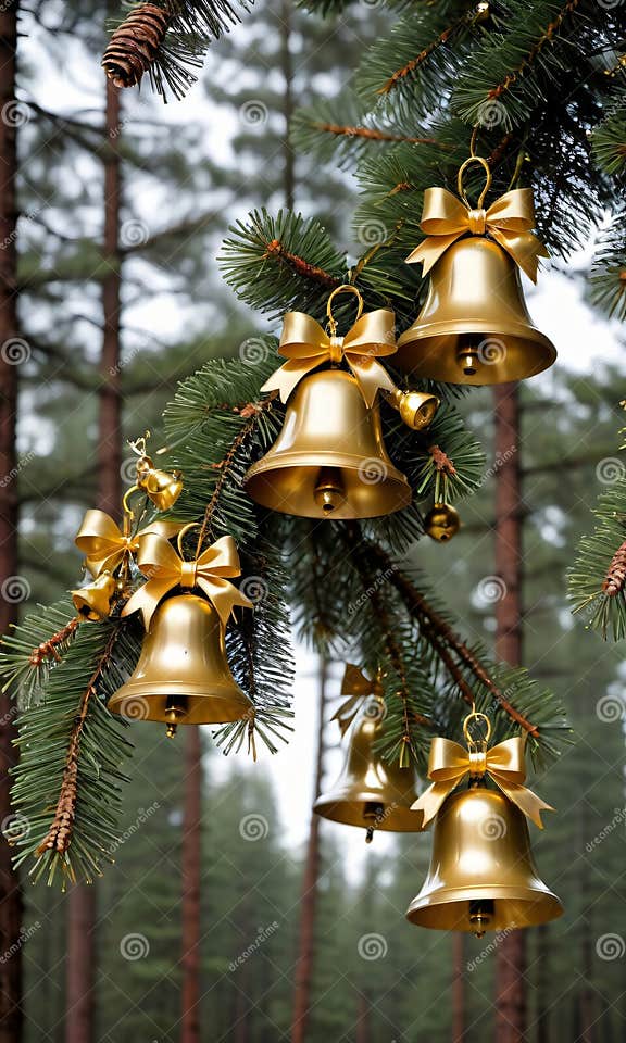 A Bunch of Bells Hanging from a Pine Tree. Generative AI Stock ...