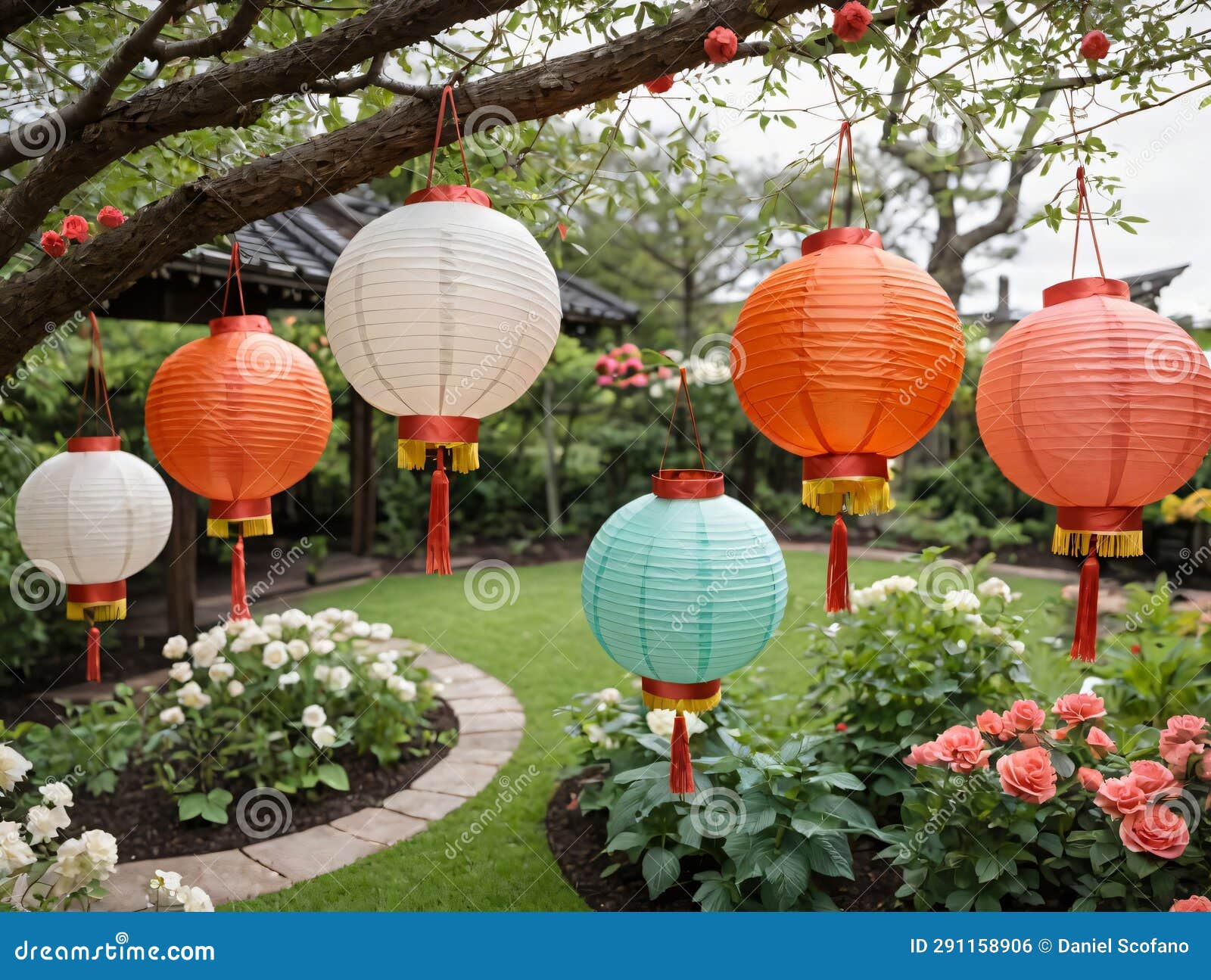 A Bunch of Paper Lanterns Hanging from a Tree. Generative AI Stock ...