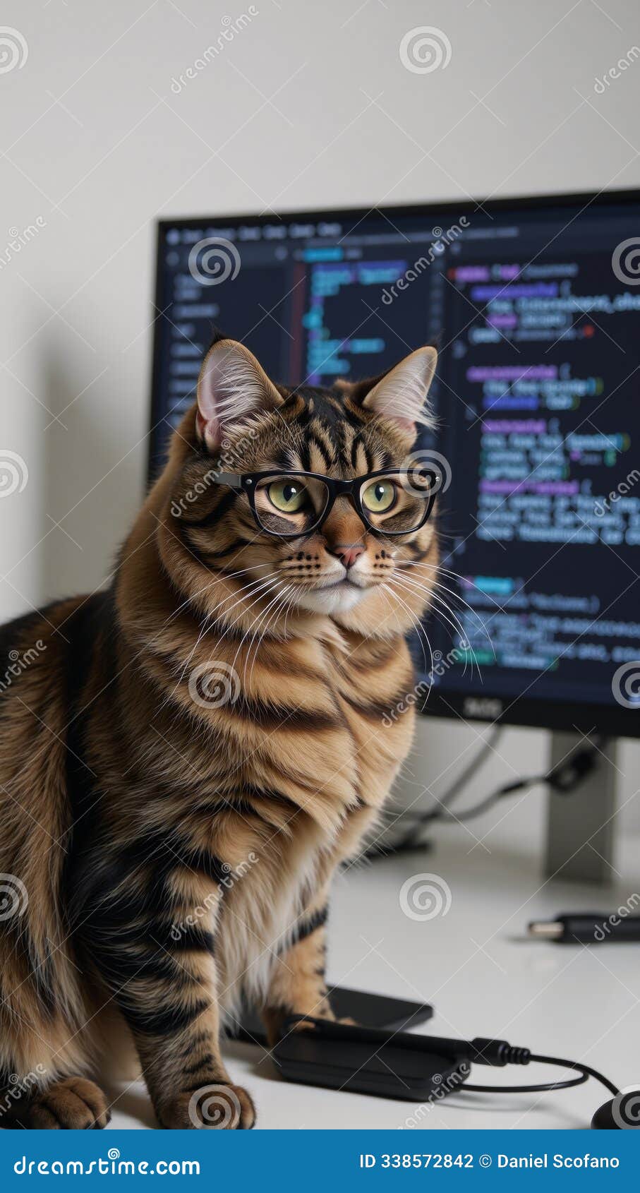 Cat Wearing Glasses Perched before Computer Screen Coding Stock Illustration - Illustration of ...