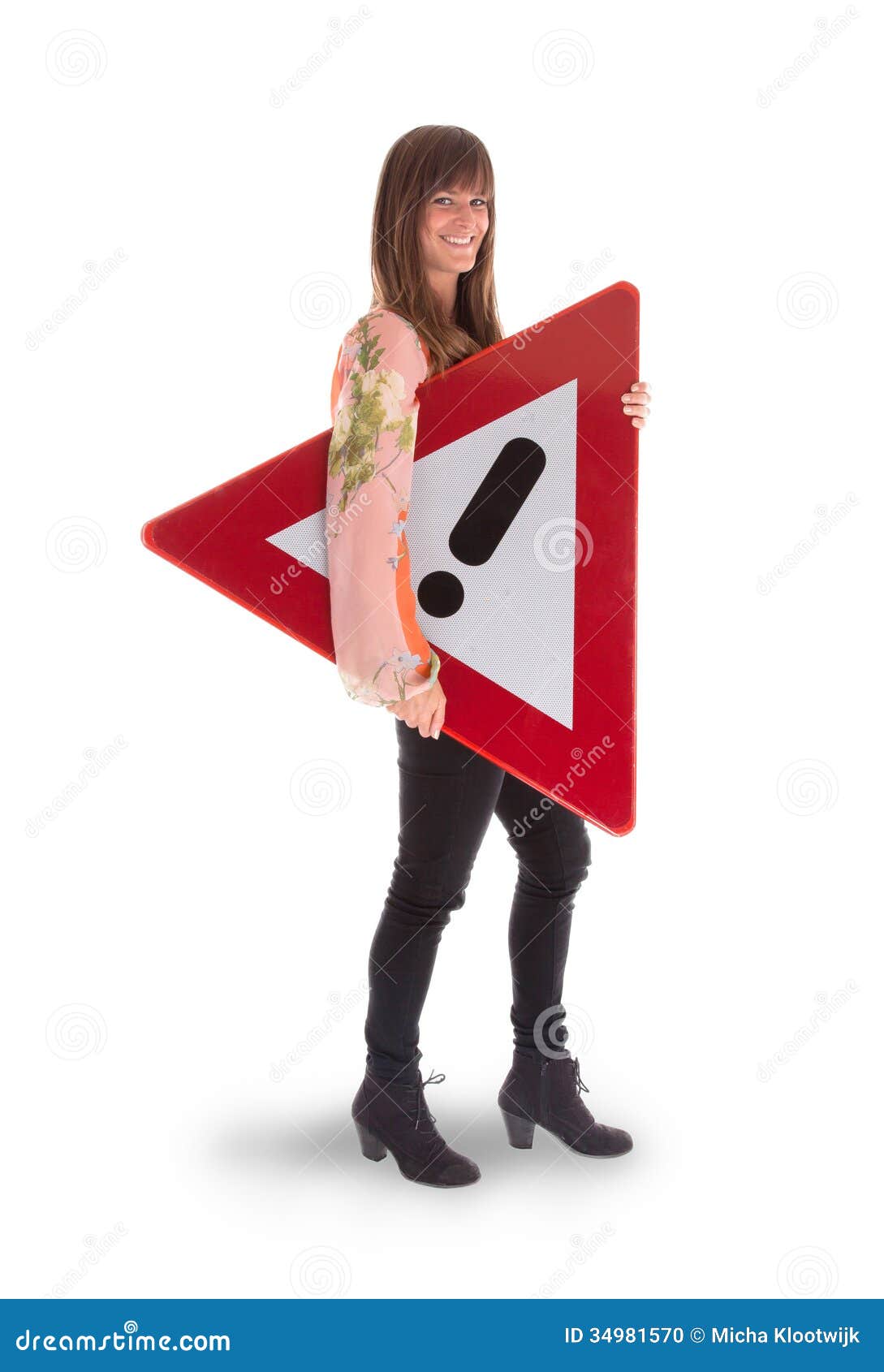 Concept of Caution - Woman Standing with Caution Sign Stock Photo ...