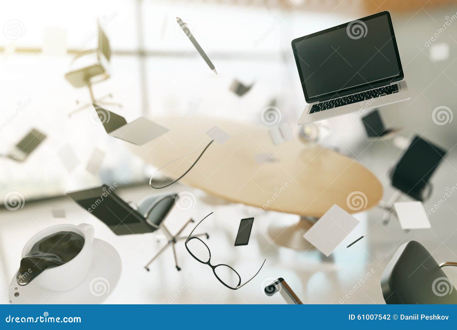 Concept of Chaos in a Modern Office, with Flying Computers, Chai Stock ...