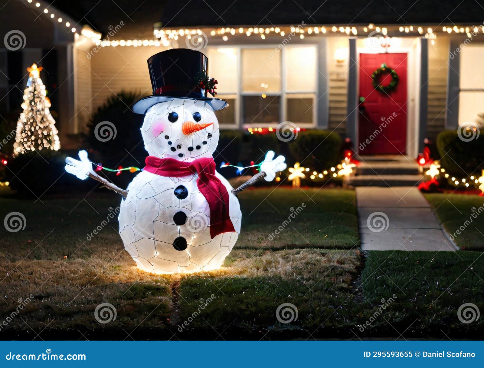 Christmas Lights Outlining the Shape of a Snowman, in a Front Yard at ...