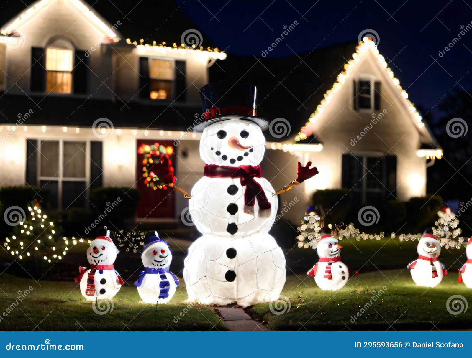 Christmas Lights Outlining the Shape of a Snowman, in a Front Yard at ...