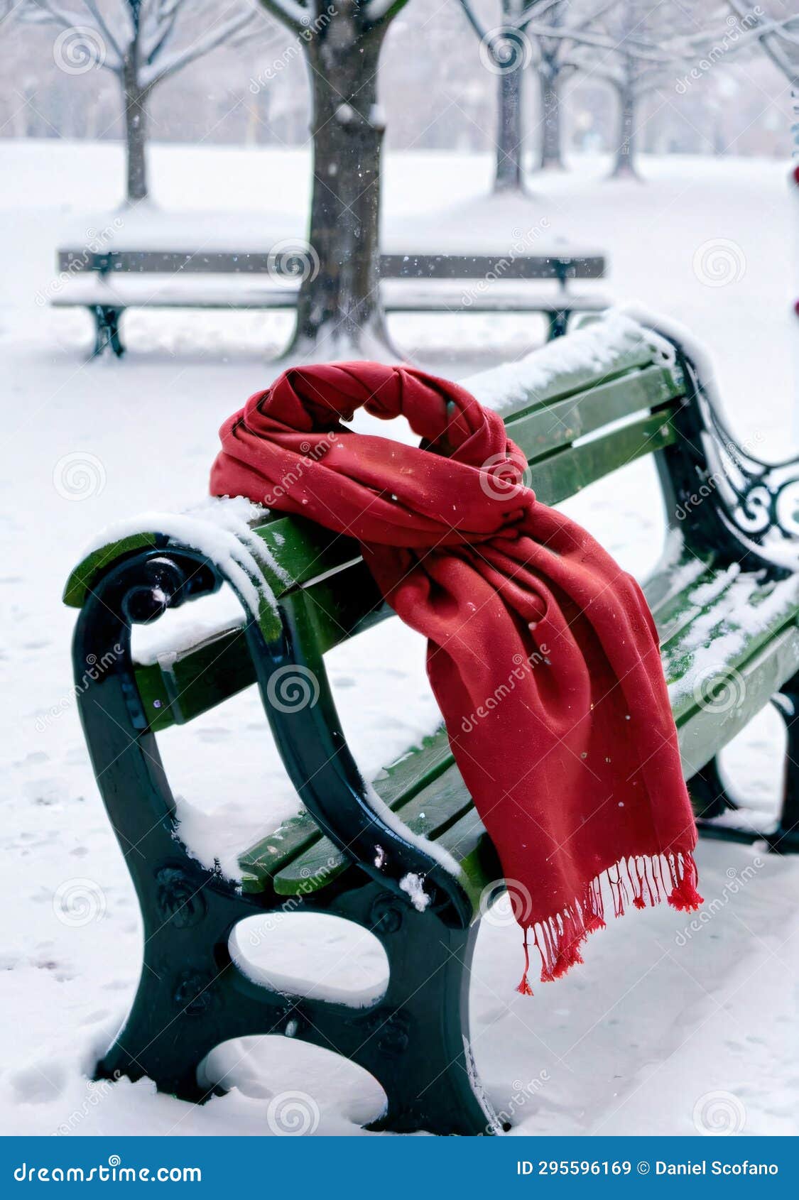 A Christmas Scarf Draped Over a Park Bench, in a Snow-Covered Setting ...