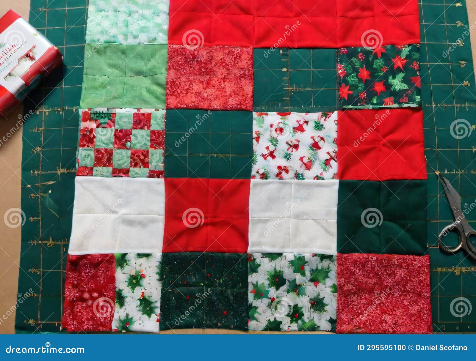 A Christmas-Themed Patchwork Quilt in Progress, on a Craft Table. Generative AI Stock Photo ...