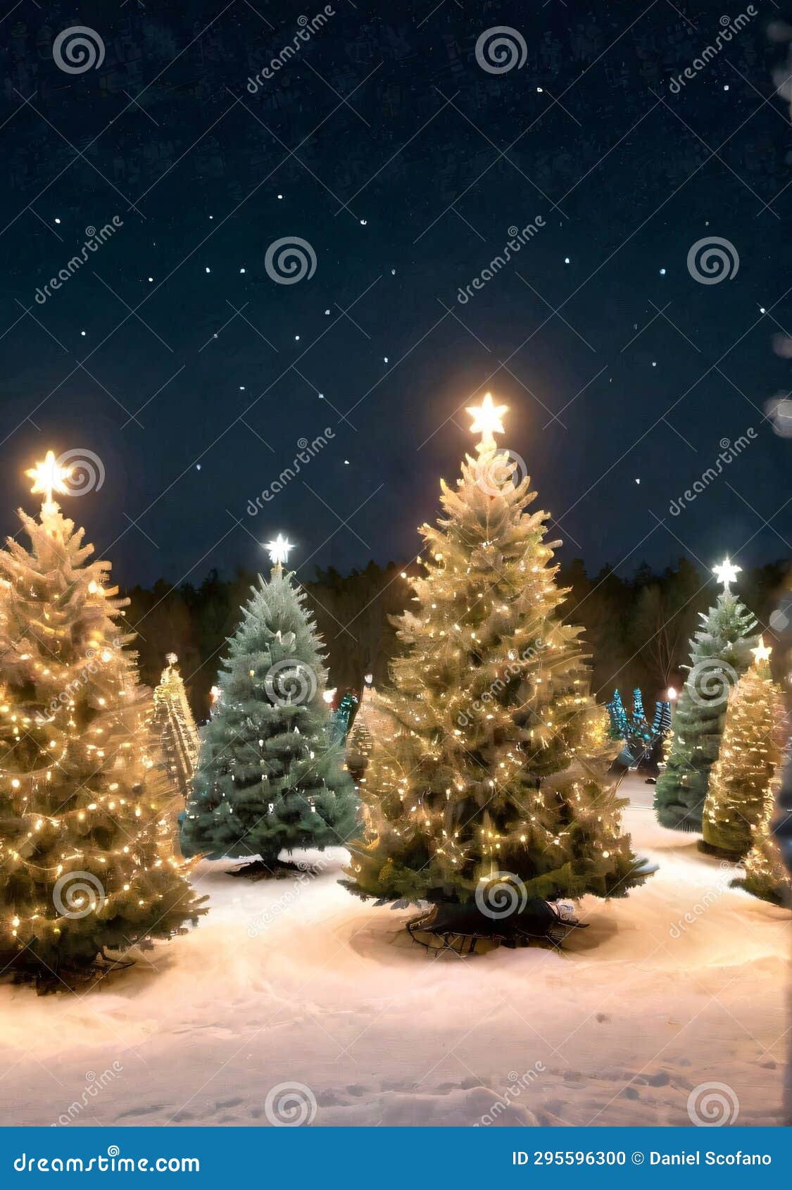 A Christmas Tree Lot at Night, with Rows of Trees and Twinkling Lights ...