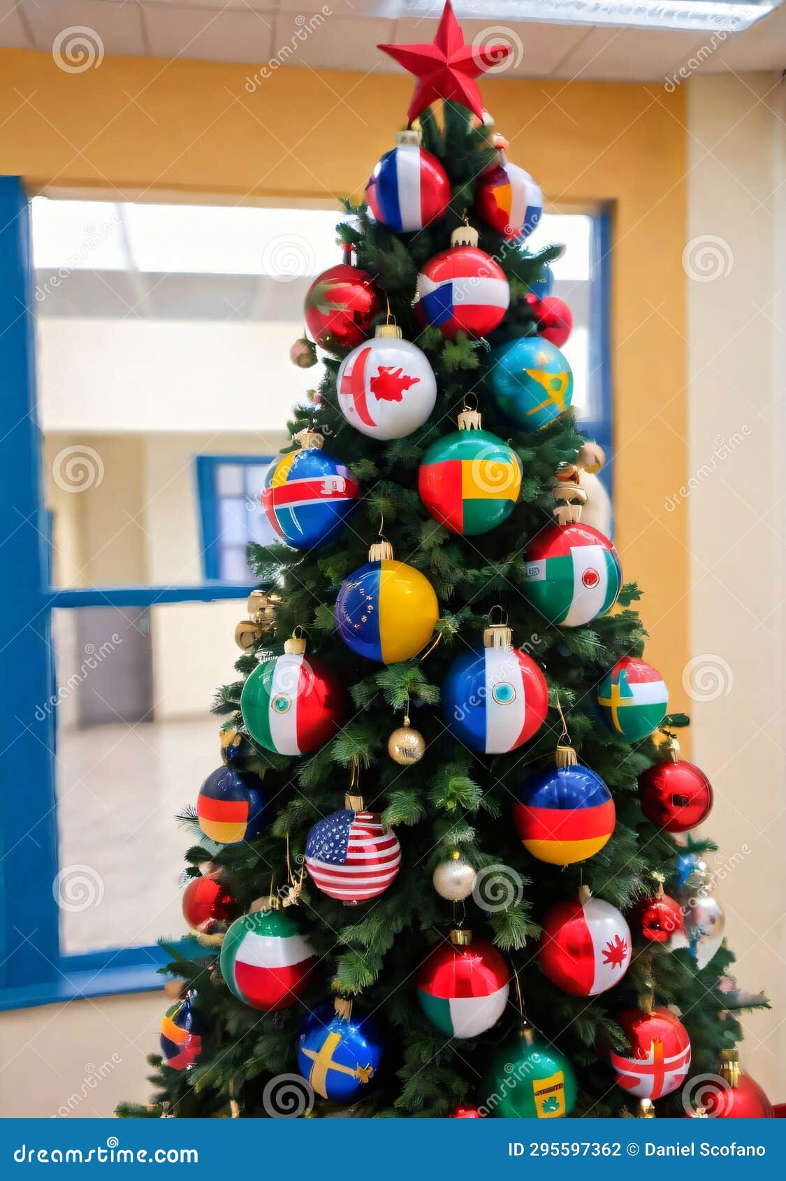 A Christmas Tree with Ornaments Representing Different Countries, in an ...