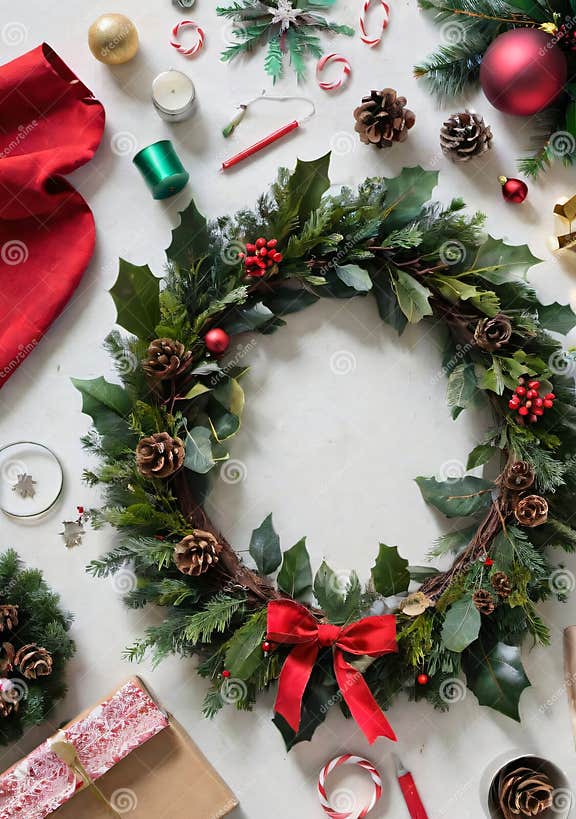 A Christmas Wreath Making Class, with Materials Spread on a Table ...