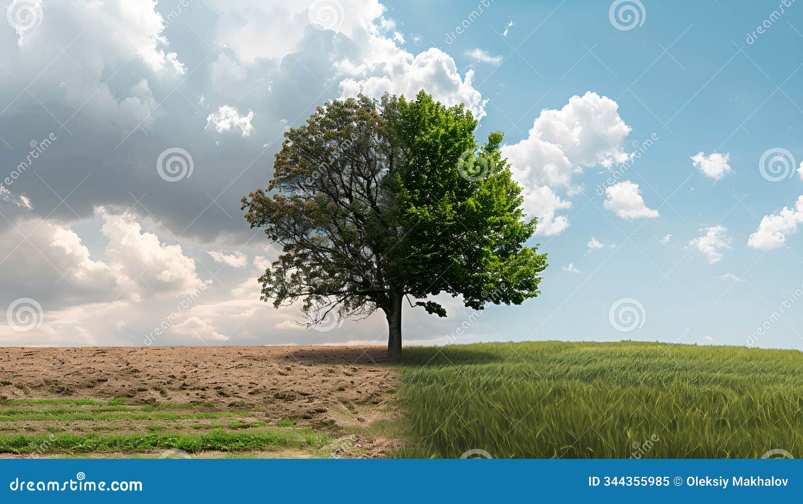 Concept of Climate Changing. Half Dead and Alive Tree Outdoors Stock ...