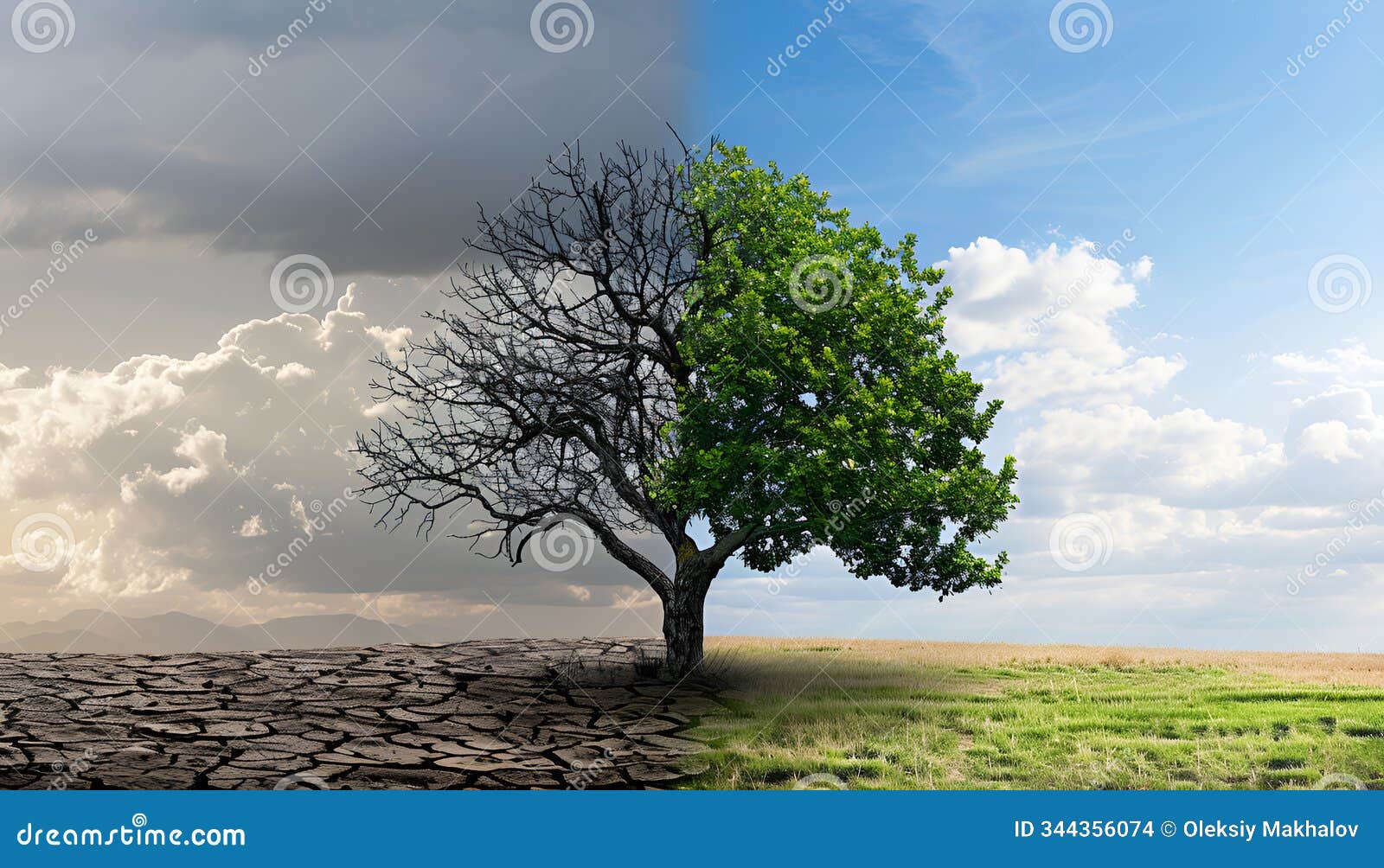 Concept of Climate Changing. Half Dead and Alive Tree Outdoors Stock ...